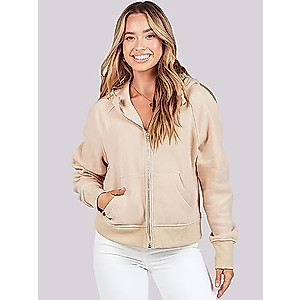 ANRABESS Women's Cropped Hoodies 2023 Fall Plain Jacket Cute Teen Girl Athletic Tops Ribbed Knit Casual Long Sleeve Fleece Sweatshirts Zip Up Hippie Clothes Thumb Hole A1015shenkaqi-S Apricot