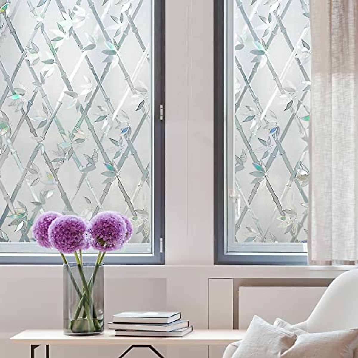 bofeifs Window Privacy Film Etched Bamboo Rainbow Window Clings 3D Non-Adhesive Stained Glass Window Film for Living Room Kitchen Lobby Porch Gaming Room 17.7 x 78.7 inches