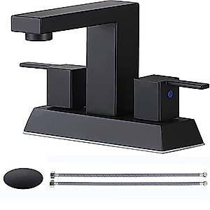 Friho Modern Commercial 4 Inch 2 Two Handle Centerset Matte Black Bathroom Faucet,Bathroom Sink Faucet Lavatory Basin RVs Bath Vanity Faucets for Sink 3 Hole with Water Hoses and Pop up Drain