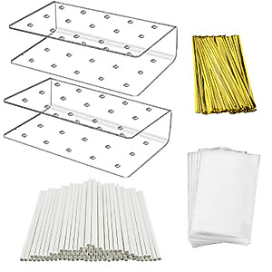MR.FOAM Acrylic ,2PC Cake Pop Stand Display Holder 100PCS Lollipop Sticks 100PCS Clear Treats Bags and 100PCS Gold Metallic Twist Ties for Candy Cake Pop Making Tools