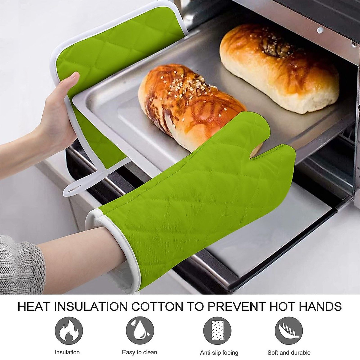 2Pcs Oven Mitts and Pot Holders Set, Lime Green White Oven Mitts Gloves Set Heat Resistant Hot Pads for Kitchen Cooking Grill