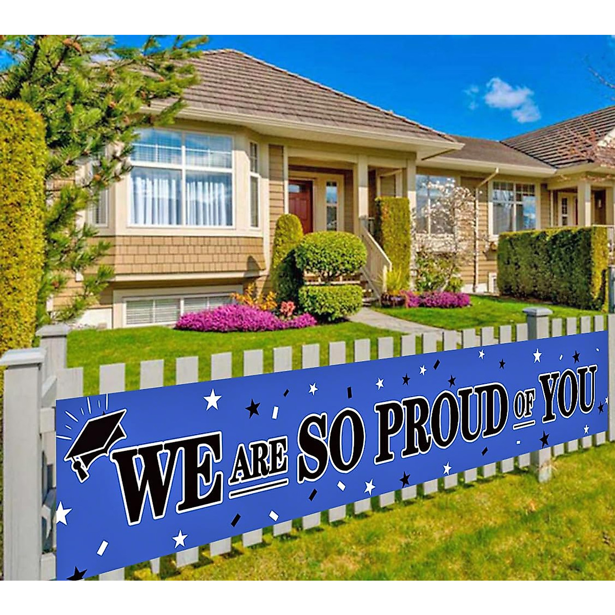 Large We are So Proud of You Banner, 2023 Graduation Party Supplies Decorations, 2023 Congratulations Banner, Congrats Banner, Graduation Decoration Blue and Black, Outdoor Indoor (9.8 x 1.6 feet)