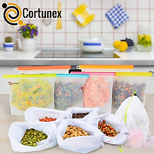 Reusable Silicone Food Storage Bags | 100% Food Grade Silicone Bags | LEAKPROOF, AIRTIGHT | Keep Fruit, Snacks, Veggie, Sandwich FRESH | Set Of 6 Bundle With 6 Reusable Mesh Produce Bags