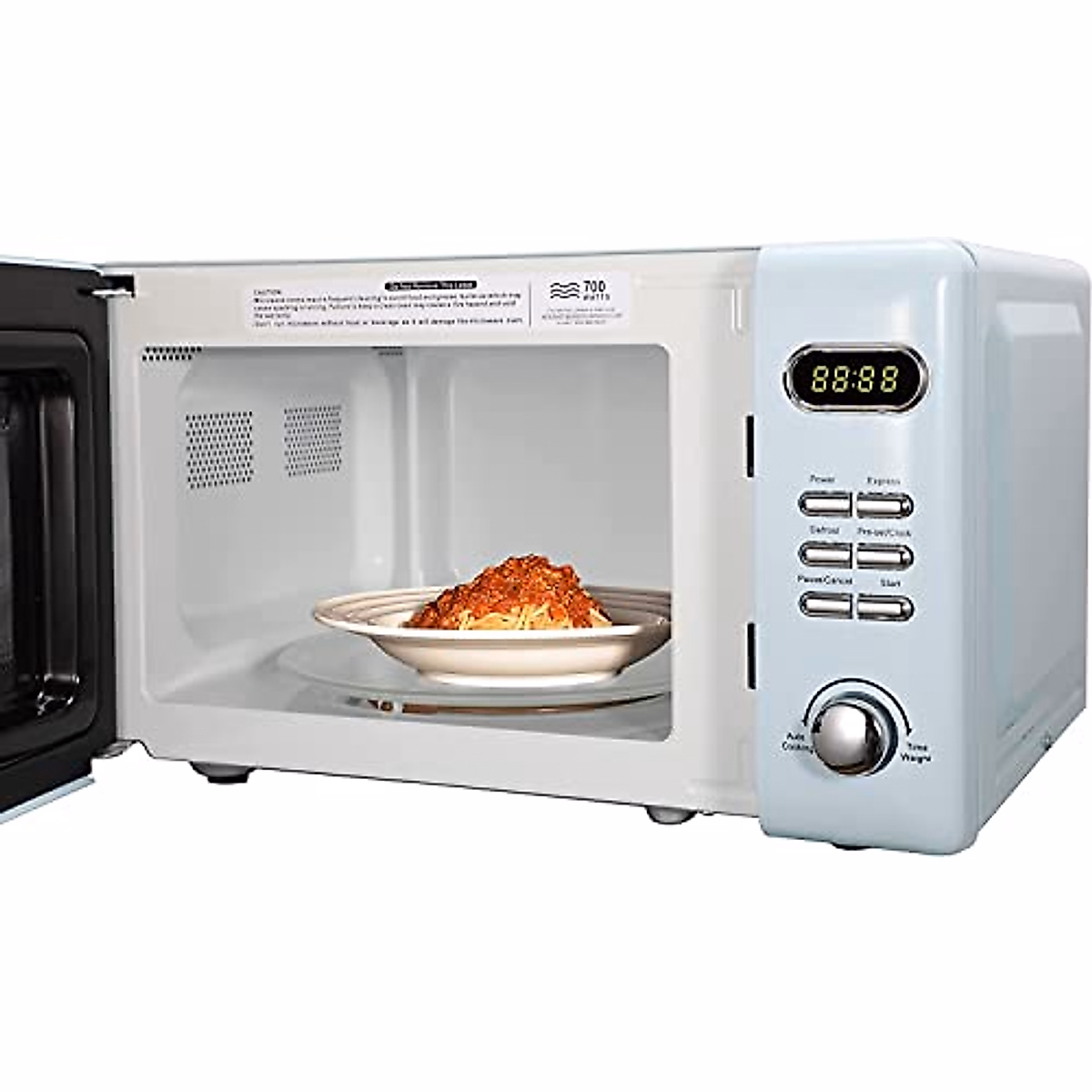Emerson .7 Cu Ft Retro Digital Microwave Oven, 700W with 5 Micro Power Levels, 8 Pre-Programmed Settings, Express & Defrost, Chrome Handle & Control Buttons, Timer & LED Display, Retro Blue
