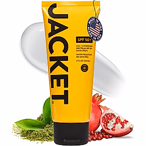 JACKET Sunscreen SPF 50+, Anti-Aging sunscreen with Vitamin C, Water resistant sunscreen for face, Zinc oxide sunscreen lotion, Age Spot Remover, Sunscreen for Body - LARGE 4 OZ size