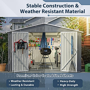 SofLuxe Metal Outdoor Storage Shed,Utility Garden Shed Tool House with Hinge Door and Padlock,Floor Frame Included,All Weather Metal Sheds for Backyard Patio,Gray,10 * 8ft