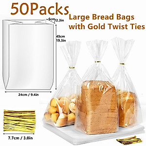 Reusable Plastic Bread Bags for Homemade, 52Packs Bakery Loaf Sourdough Large Clear Bag with Ties For Airtight Moisture, Poly Storage Bag + Bread Slicer Toast Cutting Guide + 8" Serrated Bread Knife