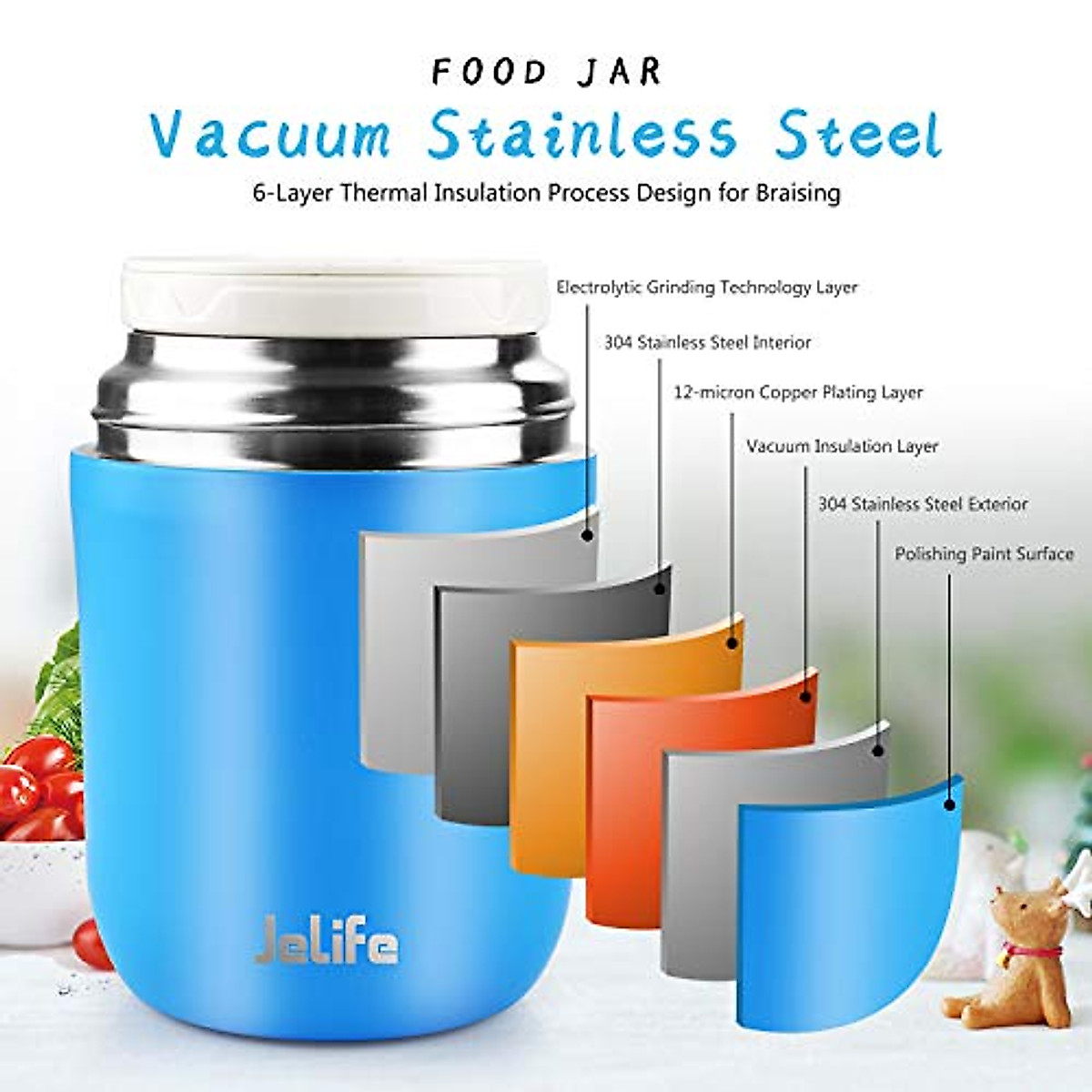 Jelife Thermos for Hot Food Container - 16oz Lunch Soup Thermos Insulated Food Jar, Bento Lunch Box Stainless Steel Food Funtainer with Spoon for Back to School Camping Vacuum Leak-Proof, Blue