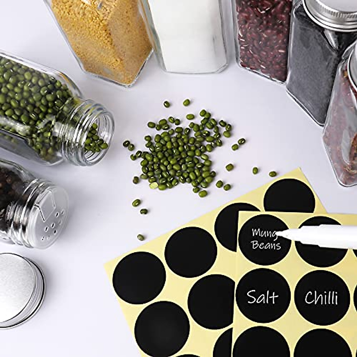 48 Pcs Glass Spice Jars Bottles, Cookmaster 4oz Empty Square Spice Containers with 96 Black Labels - Shaker Lids and Silver Metal Caps - 1 pcs Silicone Collapsible Funnel and 1pcs Brush Included