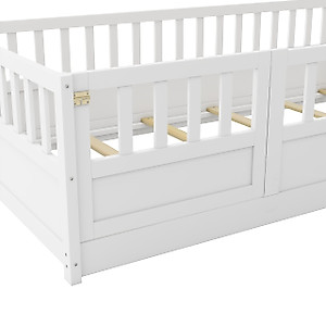 CITYLIGHT Twin Floor Bed with High Rails, Wood Montessori Floor Bed with Door Design, Kids Twin Bed Frame with Bed Slats for Boys Girls Children,White