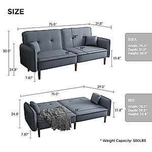 OTRIEK 75" Convertible Futon Sofa Bed with 2 Pillows and Storage Pockets, Modern Upholstered Couch Sleeper Sofa Folding Lounge for Living Room Small Space Apartment (Grey)