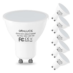 ORALUCE GU10 LED Bulbs, 6 Watt Equivalent to 50W Halogen Light Bulb,Non-dimmable,6500K Cool White, 120 V, 480 Lm,120° Flood Beam Angle, MR16 Shape for Recessed, Track Lighting, Pack of 6