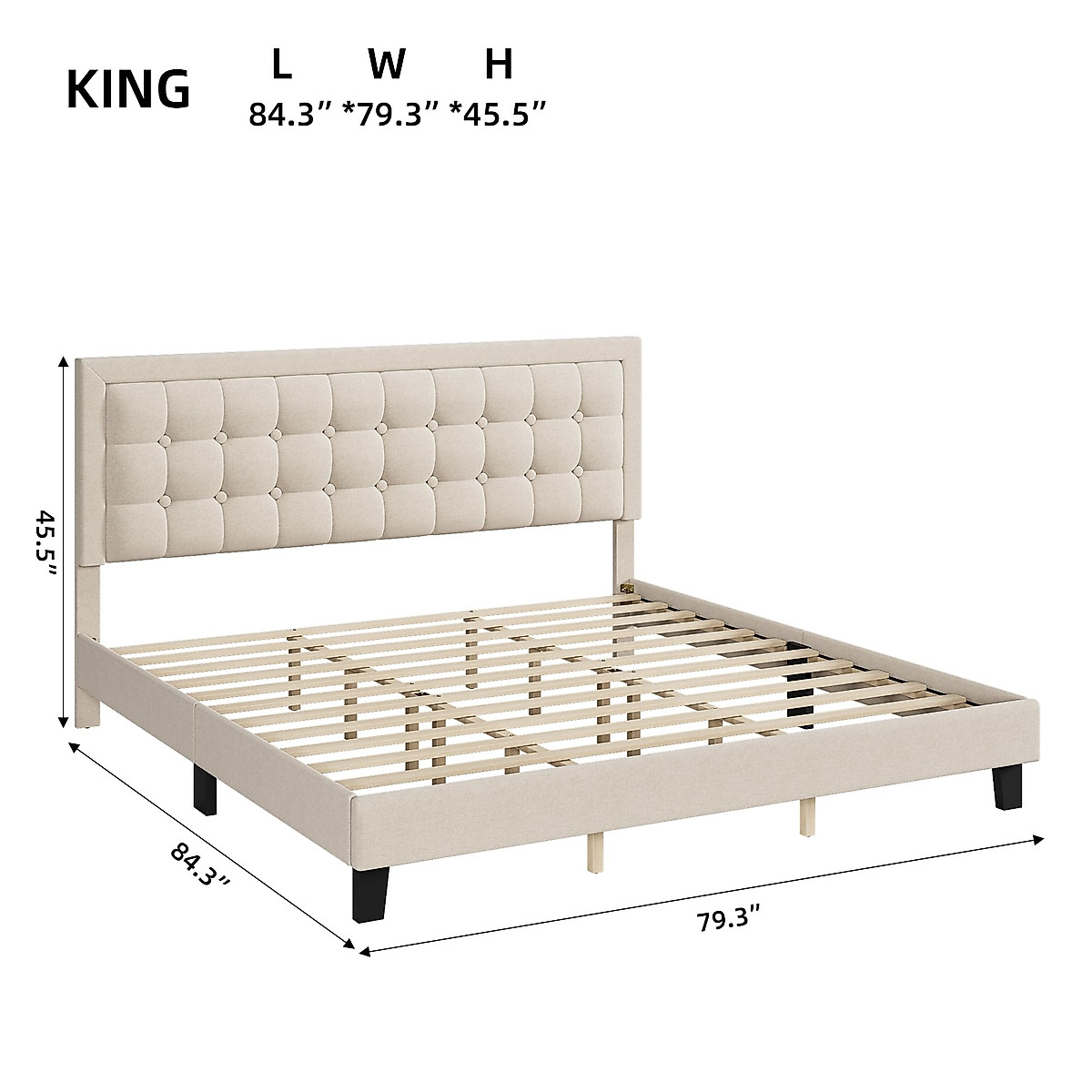 Senfot King Size Bed Frame, Linen Upholstered Platform Bed Frame with Adjustable Headboard and Strong Wooden Slats, Non-Slip and Noise-Free, No Box Spring Needed, Easy Assembly, Off White