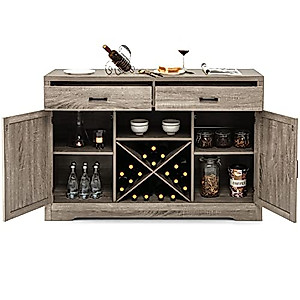 Giantex Buffet Cabinet, Farmhouse Sideboard with 2 Large Storage Drawers, Detachable Wine Rack, Wooden Kitchen Pantry Cupboard Credenza, Storage Cabinet for Living Room (Gray)