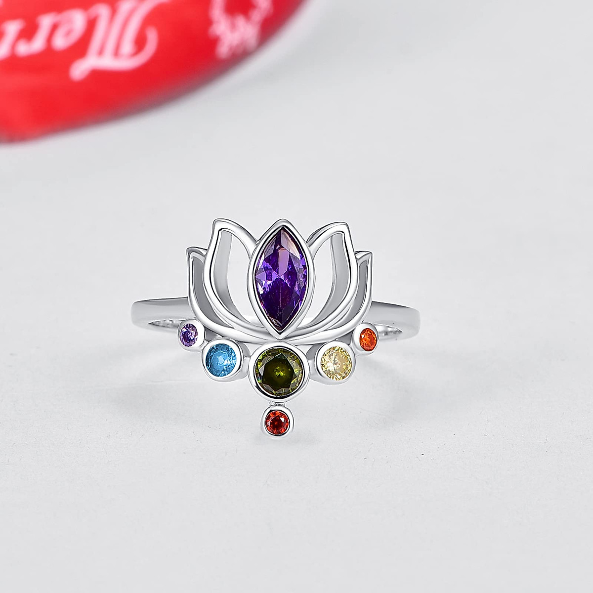 TANGPOET Chakra Rings for Women Lotus Flower Adjustable Rings S925 Sterling Silver Healing Jewelry Reiki Meditation Gifts for Her Yoga Lovers