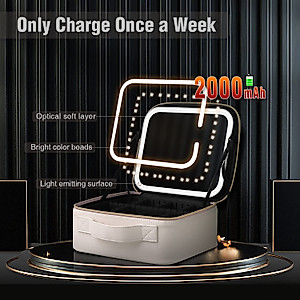 AZ GOGO Travel Makeup Bag with Light up Mirror, Makeup Train Case with Lighted Mirror 3 Color Brightness, Waterproof Portable Cosmetic Bag Organizer (Creamy White)