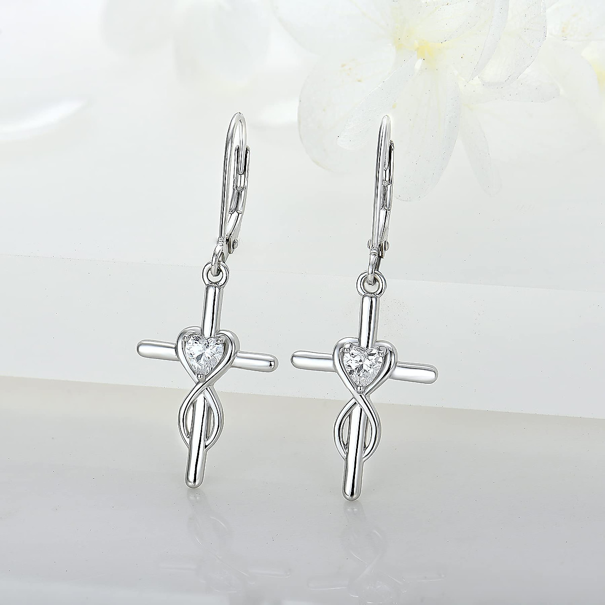 JO WISDOM 925 Sterling Silver Cross Infinity Heart Dangle & Drop Earrings with 5A Cubic Zirconia April Birthstone