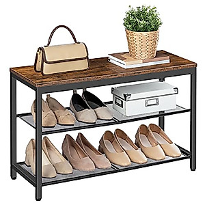HOOBRO Shoe Bench, 3-Tier Shoe Rack, Industrial Shoe Organizer Storage Bench, 29.5 inches Entry Bench with Mesh Shelves, for Entryway, Living Room, Hallway, Easy Assembly, Rustic Brown BF75HX01