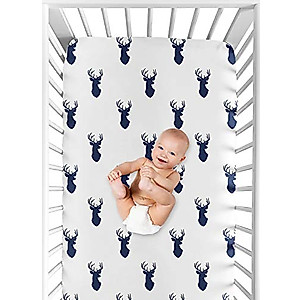 Sweet Jojo Designs Fitted Crib Sheet for Navy and White Woodland Deer Baby/Toddler Bedding Set Collection - Deer Print