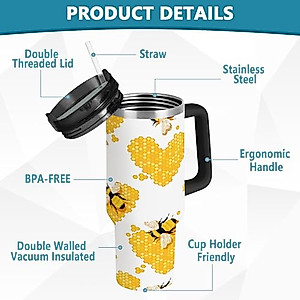 pnyoin Honey Bee Yellow Insulated Tumblers With Handle And Straw 30 oz Stainless Steel Tumbler Cups With Lid Leakproof BPA-Free Water Bottle,Cup Holder Compatible for Travel