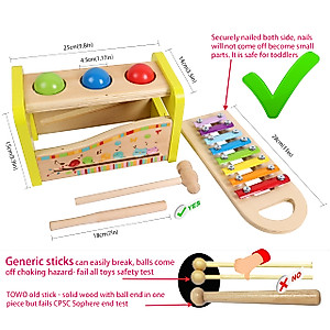 TOWO Wooden Hammer Ball and Xylophone Set - Mallet and Pegs Pound a Ball Tap Bench- Toys for Babies 1 Year Old Baby Boy Girl Toddler Gift - Small Motor Skill Sensory Musical Activity Toys for Kids