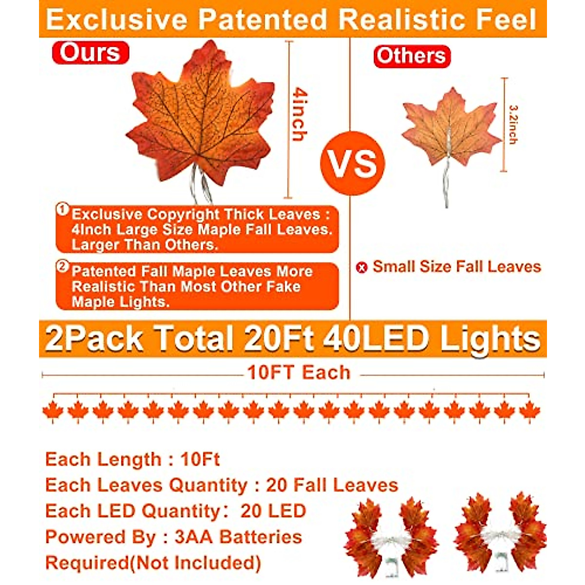 2 Pack Fall Decor Enlarged Maple Leaf Fall Lights Thick Leaf Garlands,Total 20Ft 40LED Lights Battery Operated Waterproof Fall Decorations Home Indoor Outdoor Autumn Thanksgiving Halloween Decor