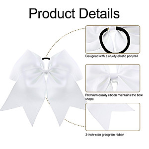 2 Packs Jumbo Cheerleading Bow 8 Inch Large Cheer Hair Bows with Ponytail Holder for Teen Girls Softball Outfit Uniform(White)