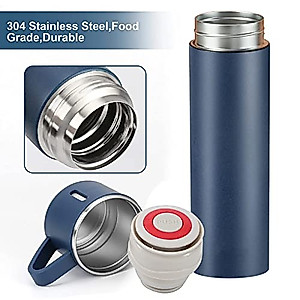 Coffee Thermos Stainless Steel Vacuum-Insulated Water Bottle, 500ml/16.9oz Insulated Bottle with Cup for Hot & Cold Drink Travel Mug (Blue, Three Cup)