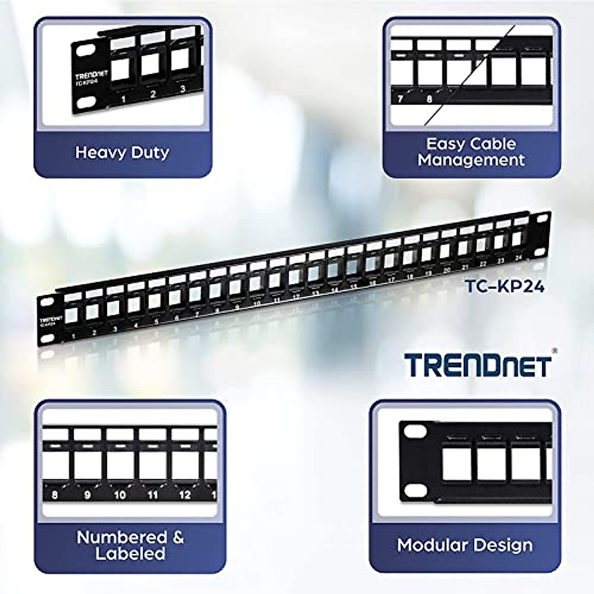 TRENDnet 24-Port Blank Keystone 1U Patch Panel, 1U 19" Metal Rackmount Housing, Recommended with TC-K25C6 & TC-K50C6 Cat6 Keystone Jacks (Sold Separately), Black, TC-KP24