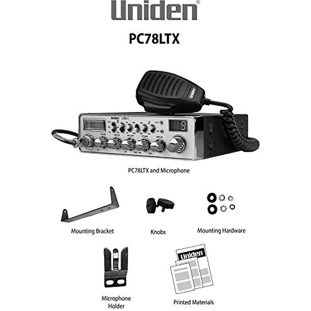 Uniden PC78LTX 40-Channel Trucker's CB Radio with Integrated SWR Meter, PA Function, Hi Cut, Mic/RF Gain, and Instant Channel 9,Silver