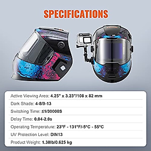 VEVOR Welding Helmet Auto Darkening Large Viewing with Side View 4.25" x 3.23", Welding Hood True Color, Welding Mask Solar Powered, 4 Arc Sensor, Wide Shade 4-8/9-13 for TIG MIG Arc Weld Grinding