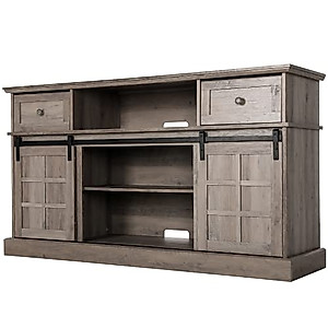 LGHM Entertainment Center, Farmhouse TV Stand for 65 inch TV, 58" Wood TV Stand with Sliding Barn Door, Tall TV Console and Ideal Media Storage with Flip Drawers, Wash Gray