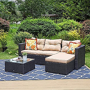 PHI VILLA Patio Sectional Wicker Rattan Small L-Shaped Outdoor Furniture Sofa Set Clearance with Upgrade Rattan (3 Piece,Beige)