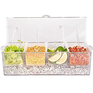 Ice Chilled 4 Compartment Condiment Server Caddy - Serving Tray Container with 4 Removable Dishes and Hinged Lid | 3 Serving Spoons + 3 Tongs Included