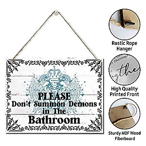 AUII JO DESIGN Halloween Wooden Wall Art Signs, Hanging Printed Wall Plaque Wood Signs, Please Don't Summon Demons in the Bathroom Sign, Halloween Bathroom Decor, Bathroom Sign 10 X 7.8 in