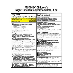 Mucinex Cold and Fever, Children's Multi-Symptom, Night Time Cold Liquid, Mixed Berry, 4oz, Reduces Fever, Controls Cough, Relieves Stuffy Nose, "Packaging May Vary"