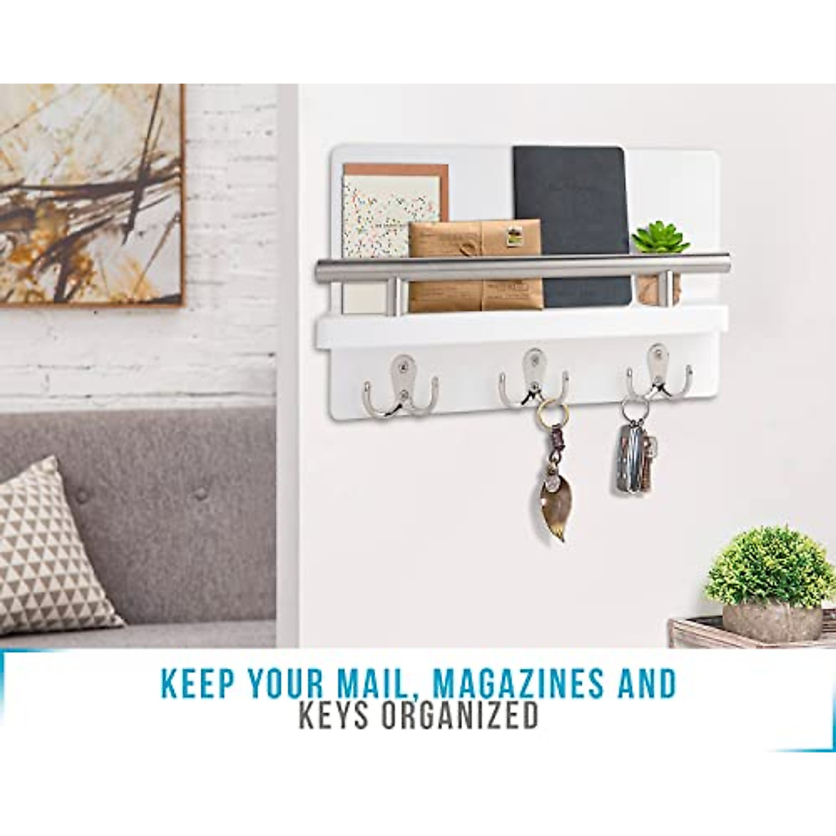 Comfify Key Holder for Wall - Natural Pine Wood Texture, Modern Decorative Finish, Metal Key Hooks with Mail Organizer/Sorter Slot White