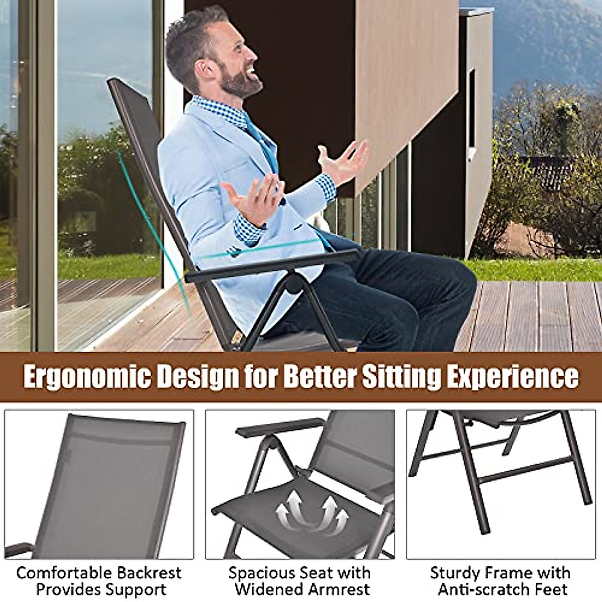 Giantex Set of 2 Patio Chairs, Folding Lawn Chairs, 2 Pack Outdoor Sling Chairs 7 Level Adjustable Backrest, Aluminum Frame, Patio Dining Chairs for Camping Pool Beach Yard No Assembly