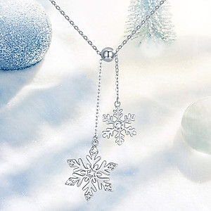 Snowflake Necklace Sterling Silver Frozen Double Snowflake with Shiny Cubic Zirconia Pendant Winter Jewerly Elegant Snow Gift for Women Girlfriend Sweater Christmas Thanksgiving Daily (18)