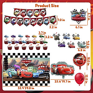 Cars Birthday Party Supplies, Lightning McQueen Birthday Party Supplies Include Banner, Foil Balloons, Backdrop, Cupcake Toppers for Lightning McQueen Cars Birthday Party Favor