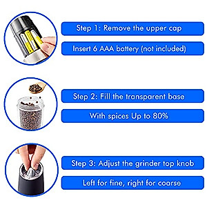 Gravity Electric Salt and Pepper Grinder Mill [Set of 2] with Blue LED Light. Flip to Grind. One Hand Operation, Adjustable Coarseness. Includes Stand, Spoon and Brush. Automatic Battery Powered