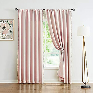 Pom Pom Curtains for Bedroom Pink Girls Room Blackout Window Drapes 63" Energy Efficient Thermal Insulated Living Room Darkening Curtain Panels 2pcs
