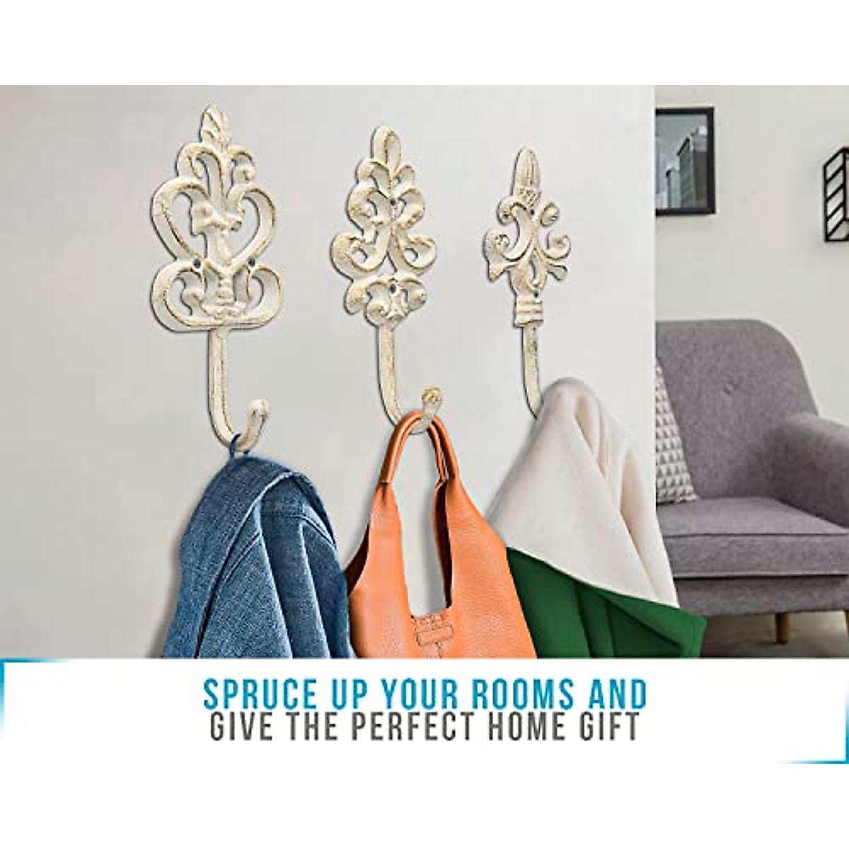 Shabby Chic Decorative Wall Hooks - Set of 3 - Cast Iron French Country Wall Decor - Farmhouse Hangers for Coats, Purses and More - Rustic White