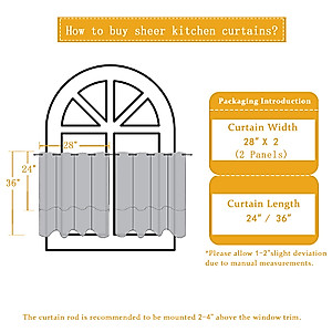 Fragrantex Sheer Kitchen Curtains 36" Length Spa Blue Leaf Embroidered Short Curtains for Bathroom Farmhouse Botanical Window Treatment Set for Cafe/Basement/Laundry,Rod Pocket 28" Wx36 L