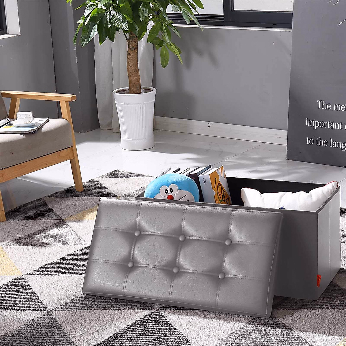 BRIAN & DANY 30" Faux Leather Folding Storage Ottoman Bench, Perfect Toy and Shoe Chest, Foot Rest,Coffee Table,Folding Bench Chest with Cover (Grey)