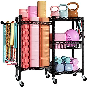 FUTASSI Home Gym Storage, Rolling Yoga Mat Storage and Organizer, Sports Equipment Storage Rack for Yoga Mats, Dumbbells, Kettlebells, Foam Rollers, Resistance Bands, 11.8"D x 36"W x 32.5"H, Black