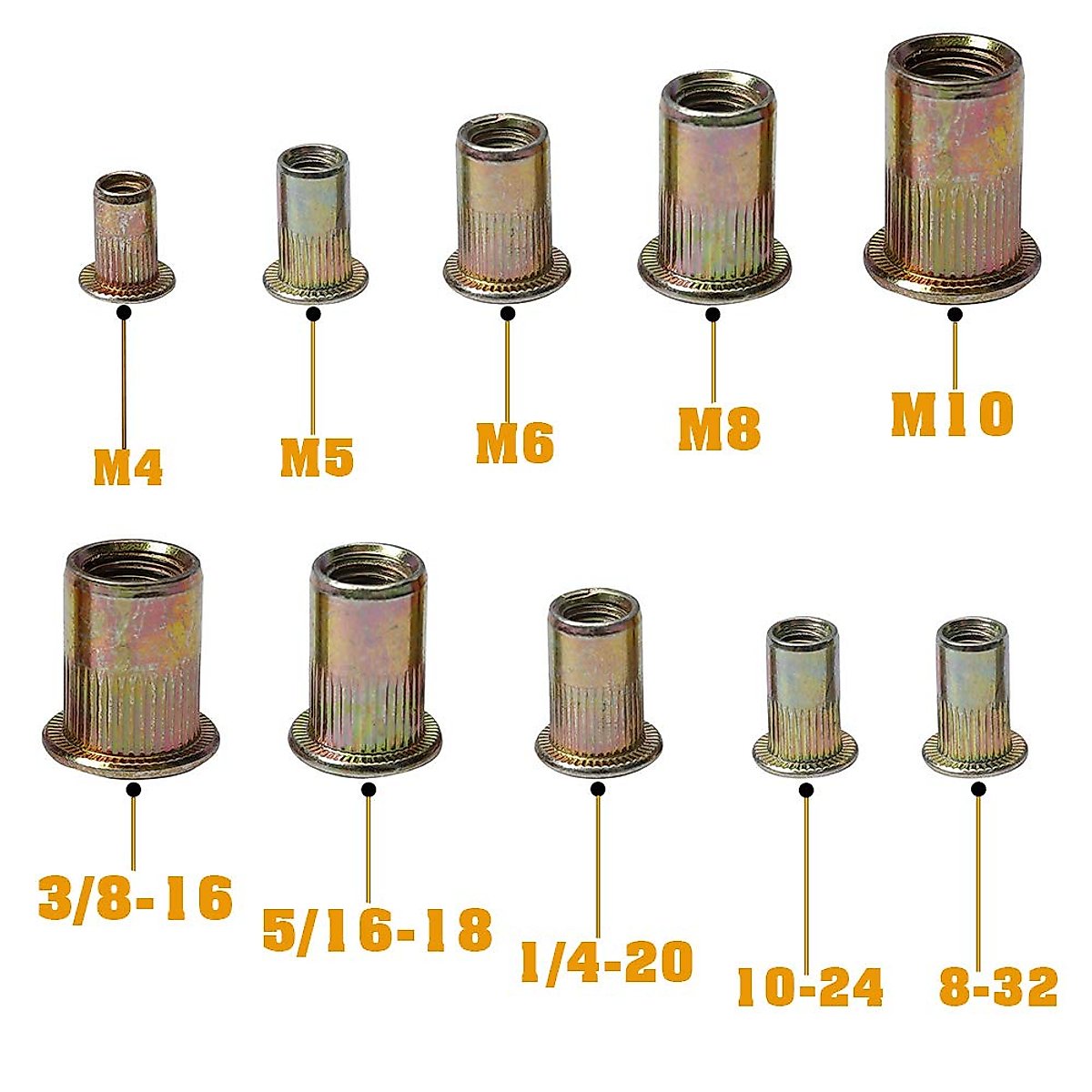 340PCs Rivet Nuts 8-32 10-24 1/4-20 5/16-18 3/8-16 Metric Rivet Nuts M4 M5 M6 M8 M10 Nutsert RIV Nuts Threaded Insert Nuts Kit Carbon Steel