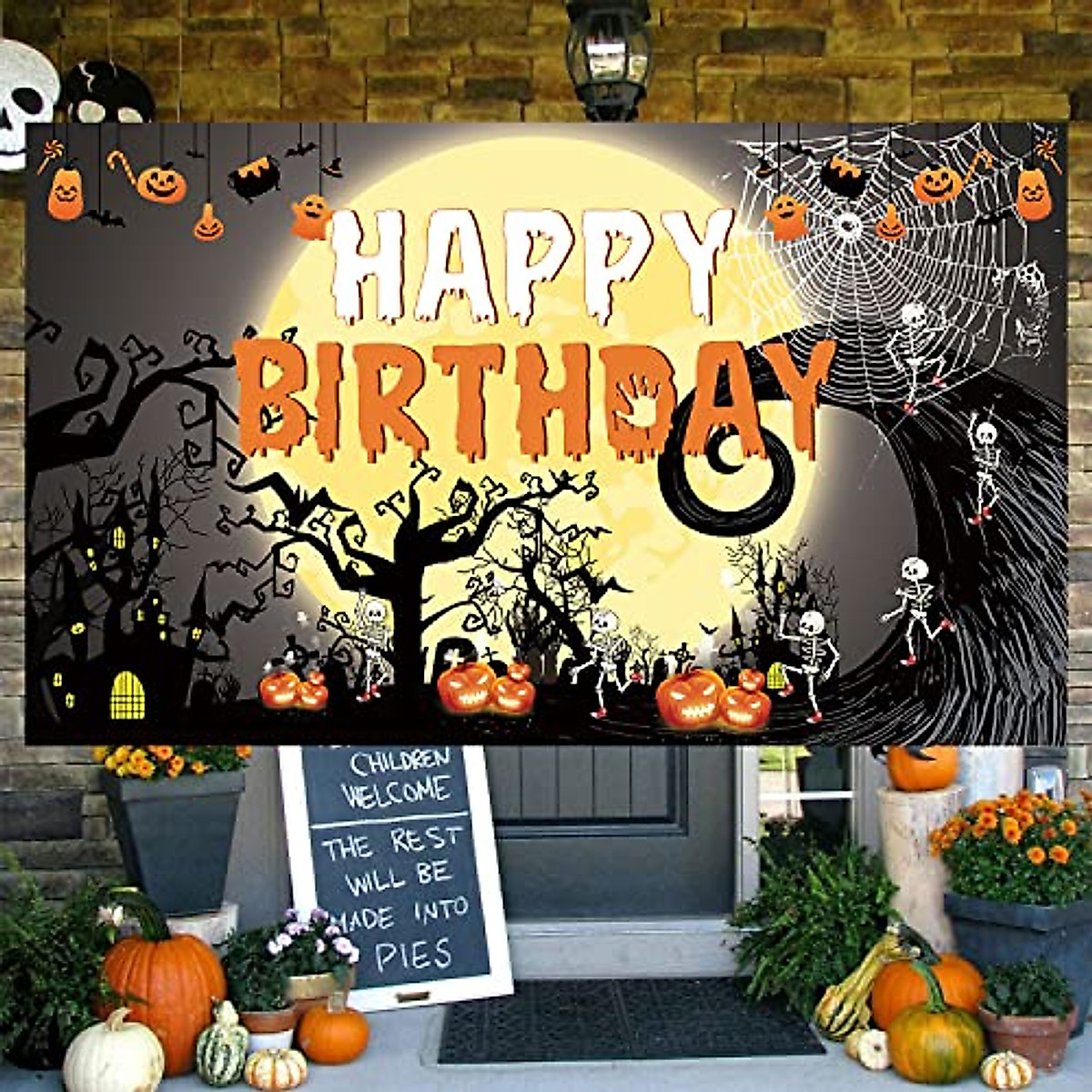 Famoby Happy Birthday Halloween Theme Fabric Sign Poster Banner Backdrop Halloween Pumpkin,Ghouls, bat,spide for Brithday Photo Booth Background Party Decoration