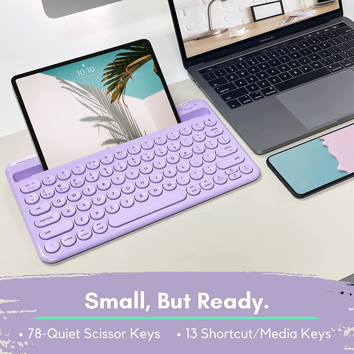 Macally Small Wireless Bluetooth Keyboard for iPad Mini/Air/Pro, iPhone, Tablet, and Phone - 78 Key iPad Keyboard with Built-in Stand - Universal Compatible Multi Device - Purple