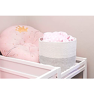 Lorfa Cotton Rope Storage Basket - Woven Laundry Baskets for Blanket, Baby Toy Storage Basket with Hidden Handle, Nursery Basket, 12 By 11 inch (12X11 inch , Grey Line)